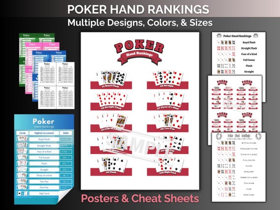 Chart Pack Of 4 Poker Hand Rankings Chart - Poker Rules Cheat Sheet ...