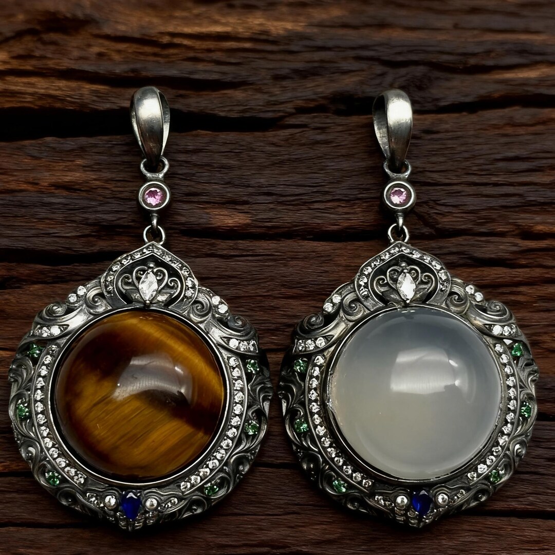 Vintage Gothic Sterling Silver Pendant: Tiger Eye or Agate Gemstone - Etsy