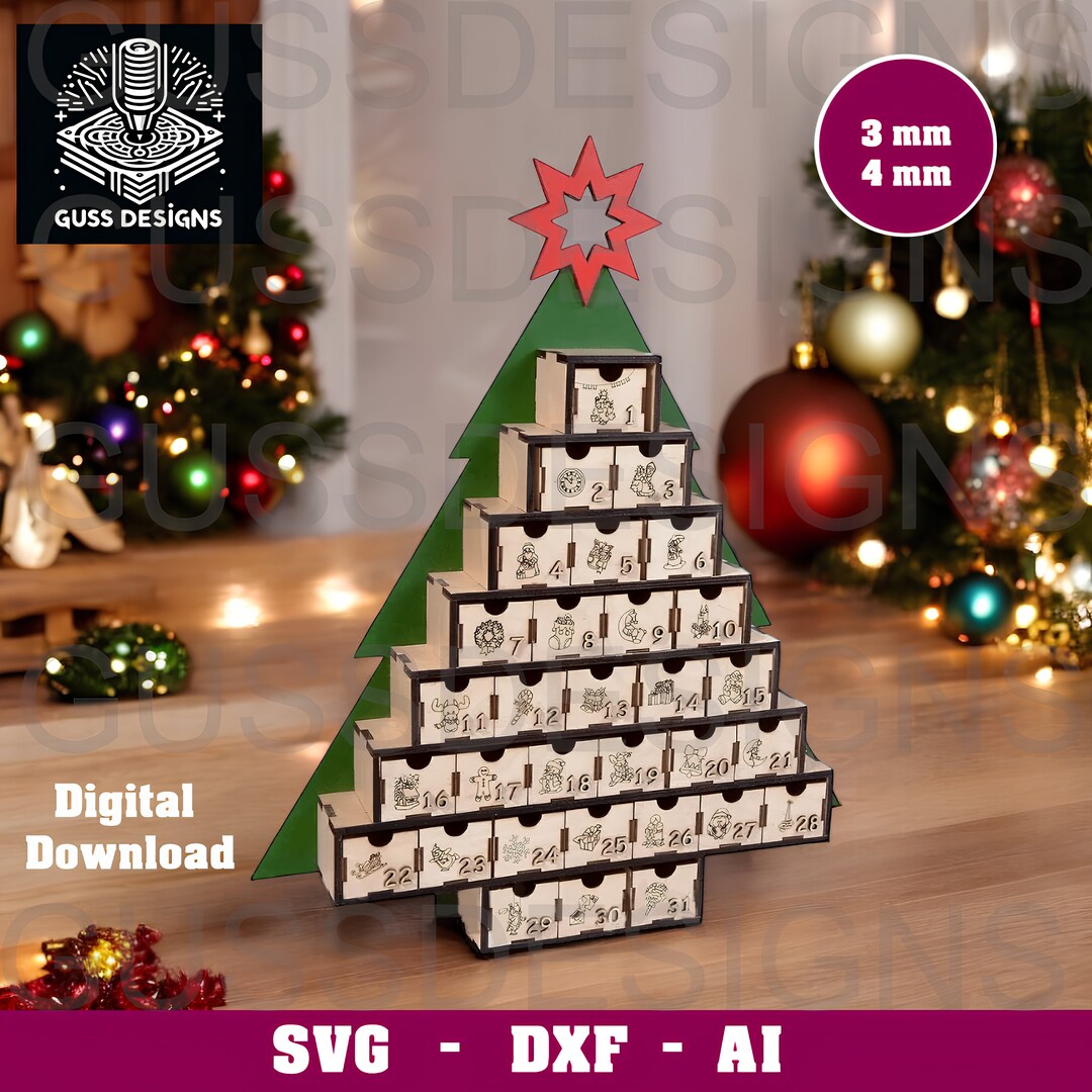 Christmas Tree Advent Calendar - Cut Files Svg, Dxf, Ai - 3mm and 4mm ...