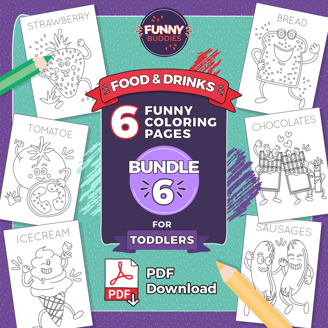 Food & Drinks Coloring Pages for Kids and Adults, 6 Images Bundle ...