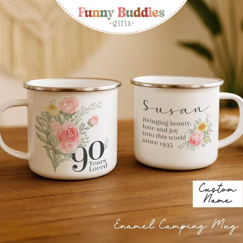 90th Birthday Mug: Personalized Floral Coffee Cup (custom Name, 11oz ...