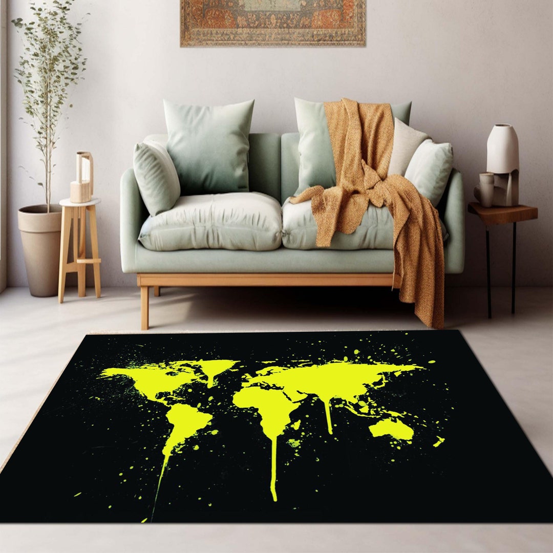 World Map Black Rug: Modern Art Design, Cleanable Kids Rug - Etsy