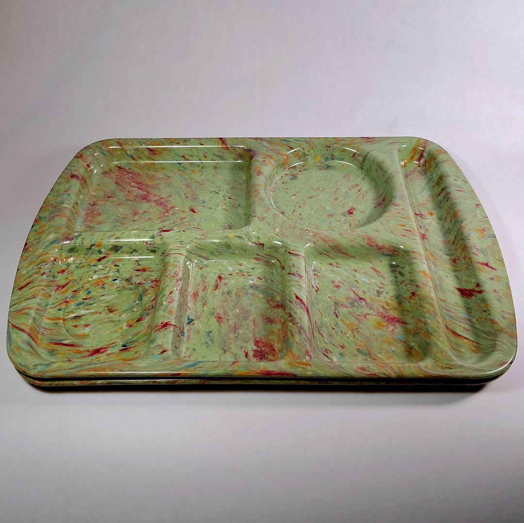 2 Vintage Prolon Ware Green Confetti Melamine Divided Cafeteria Trays ...