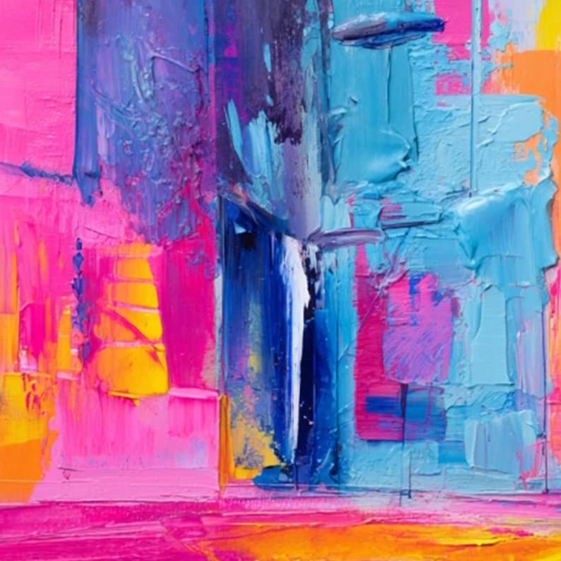 Hand-painted Neon City Oil Painting, Abstract Street Canvas Art, Urban ...