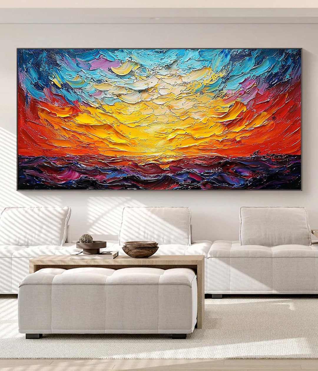 Original Sunset Painting on Canvas, Abstract Textured Seascape Painting ...