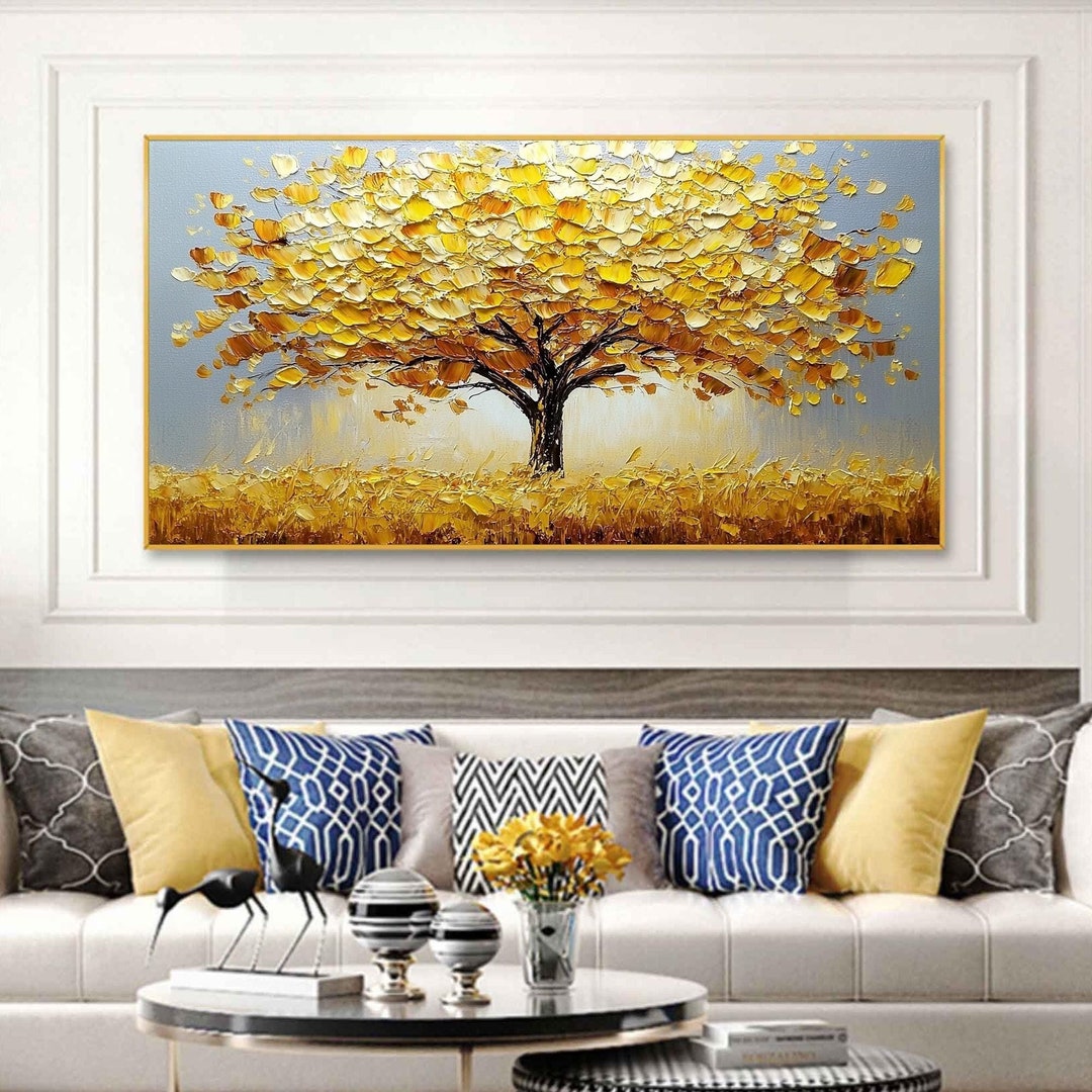 Original Blooming Golden Tree Oil Painting on Canvas, Large Abstract ...