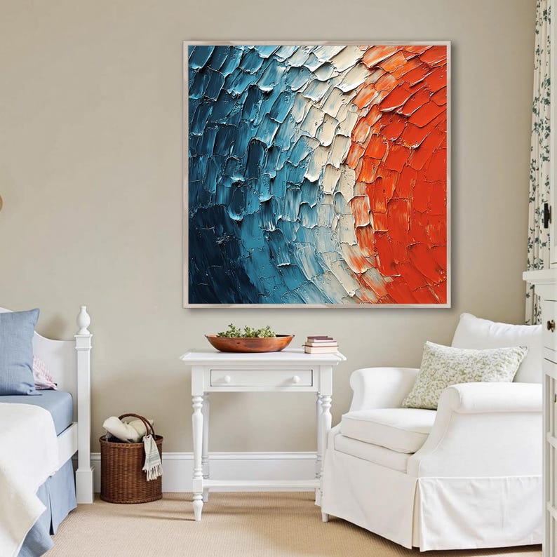 Abstract Blue & Orange Oil Painting, Textured Palette Knife Canvas Art ...