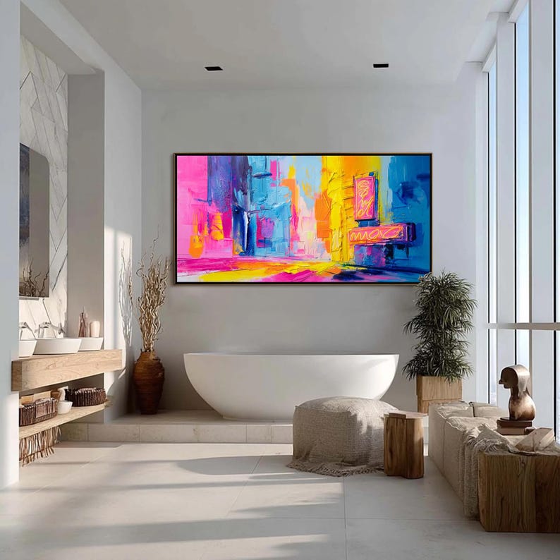 Hand-painted Neon City Oil Painting, Abstract Street Canvas Art, Urban ...