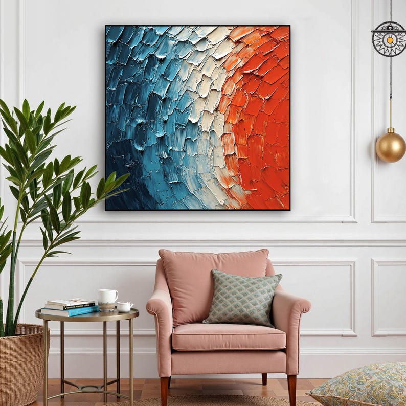 Abstract Blue & Orange Oil Painting, Textured Palette Knife Canvas Art ...