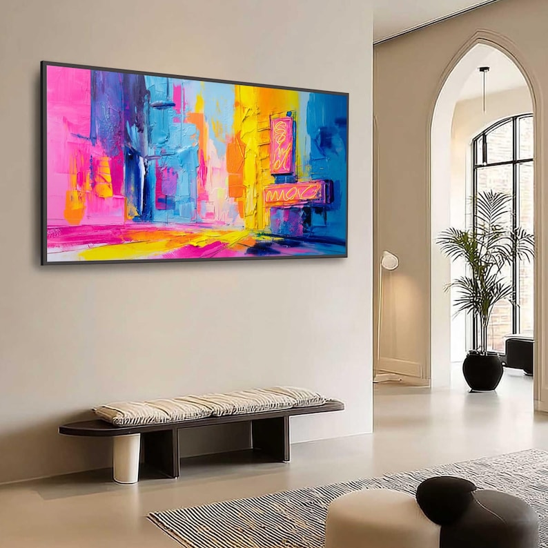 Hand-painted Neon City Oil Painting, Abstract Street Canvas Art, Urban ...