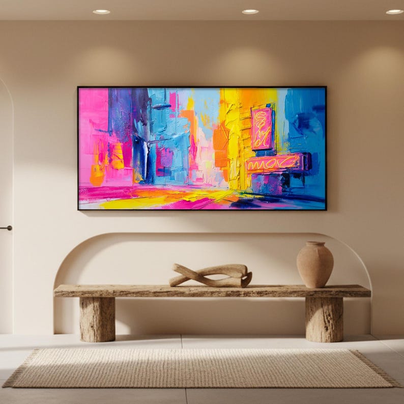 Hand-painted Neon City Oil Painting, Abstract Street Canvas Art, Urban ...