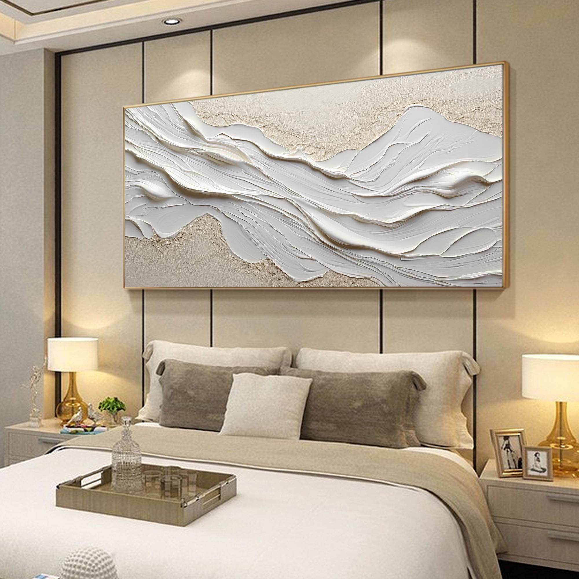 Original 3D White Wave Textured Canvas Oil Painting, Abstract Beige Beach Painting, Large Ocean ...
