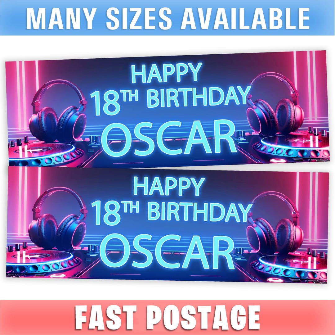 Neon DJ Personalised Banner Birthday Girls Boys Party Paper Celebration ...