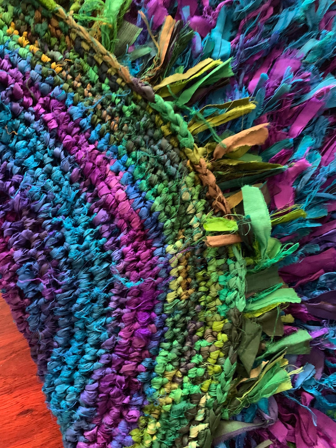 Floor rug mat peacock silk ribbon rag rug silk blue green | Etsy