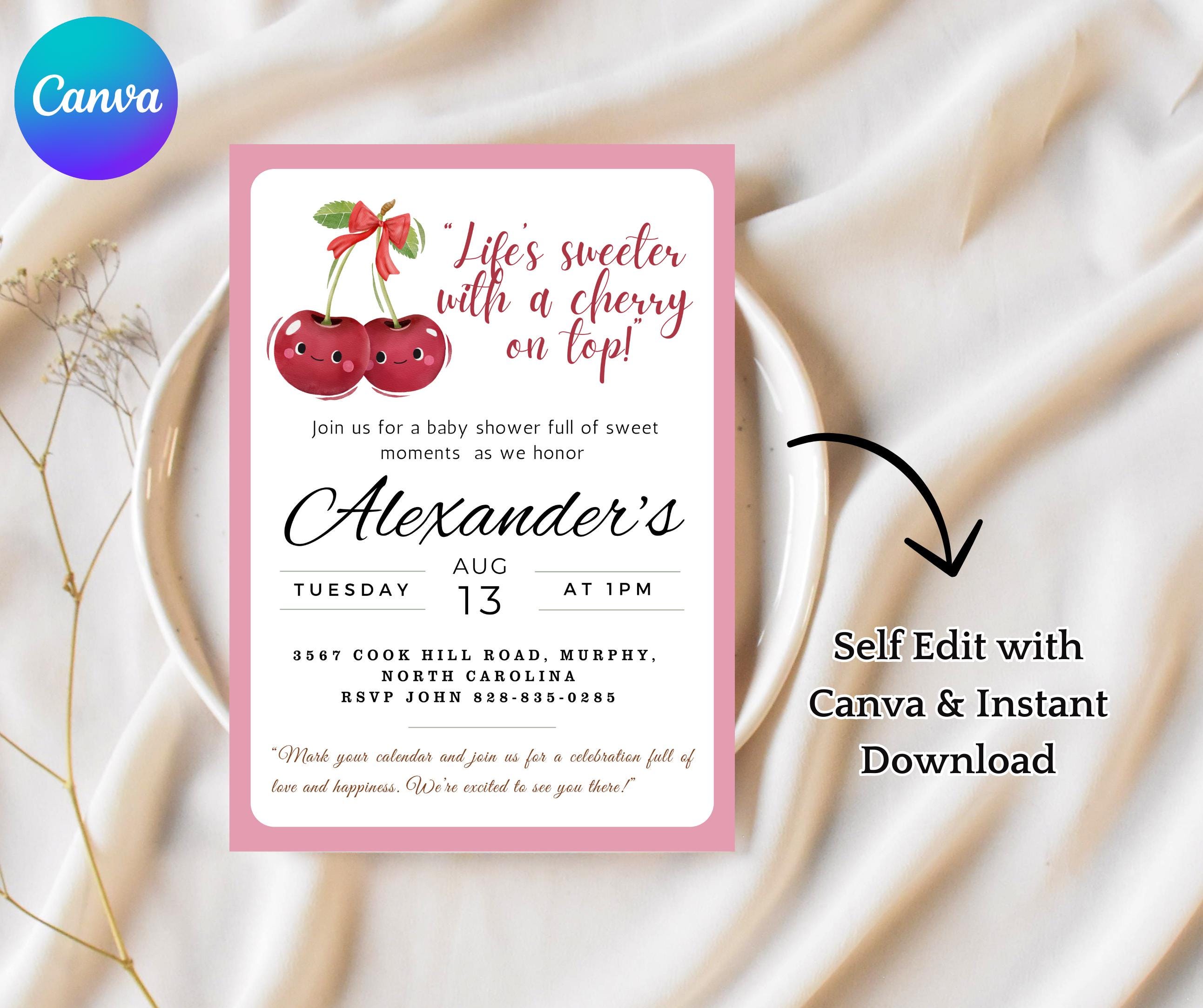 Editable Cherry Baby Shower Invitation, Life's Sweeter With a Cherry on ...