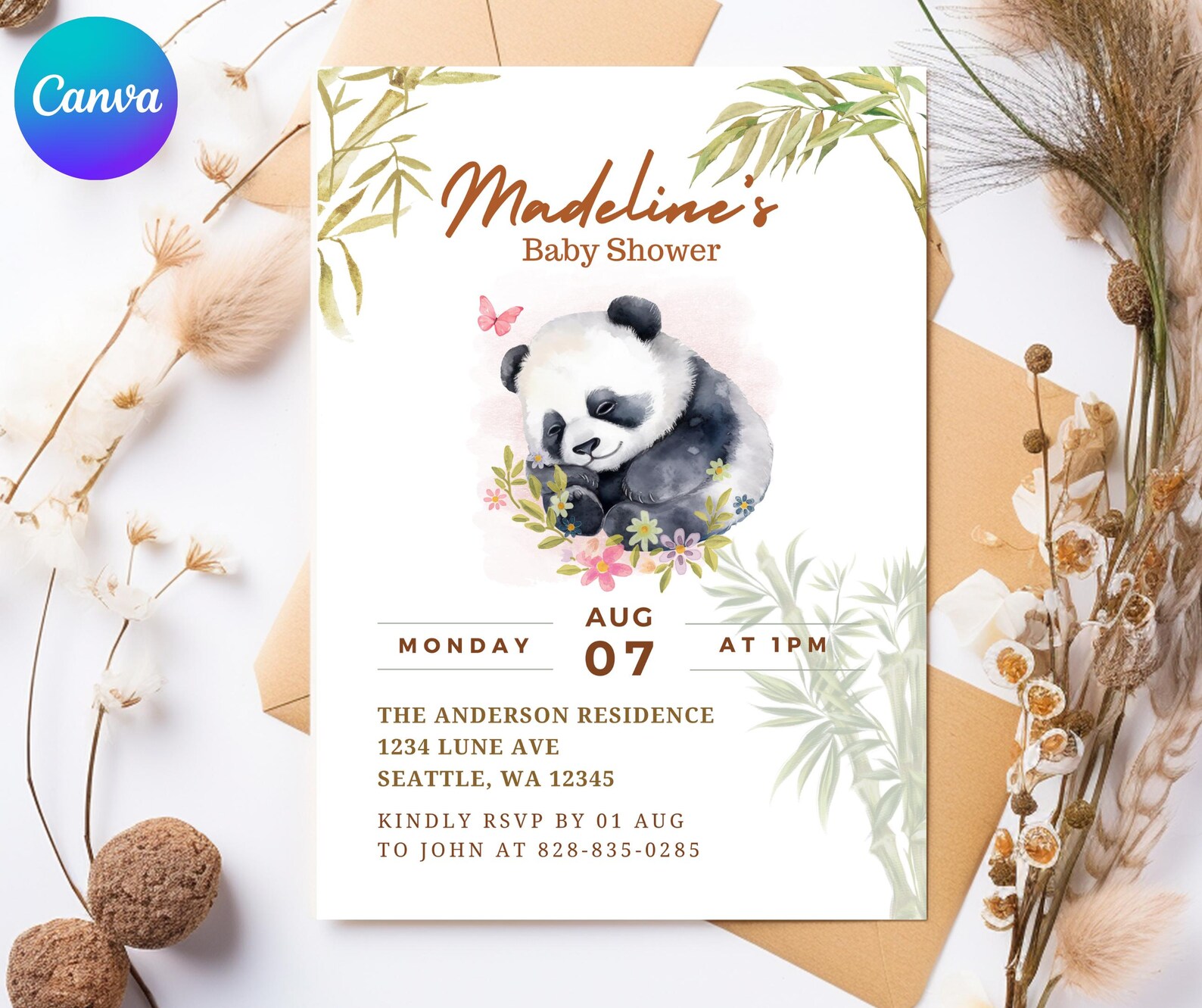 Editable Panda Baby Shower Invitation Canva Template, Panda Themed ...
