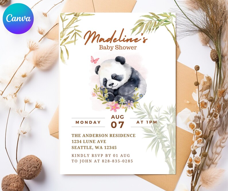 Editable Panda Baby Shower Invitation Canva Template, Panda Themed ...