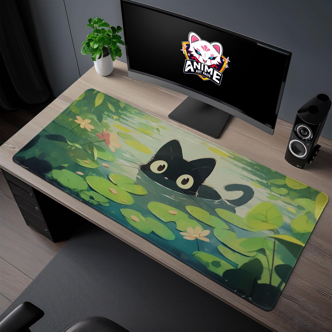 Cute Black Cat Desk Mat Serene Lily Pad Water Scene for a Peaceful ...