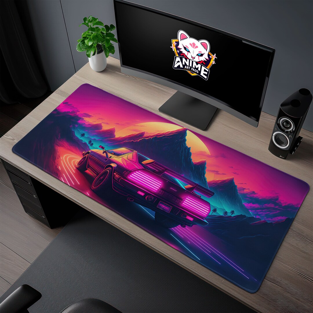 Neon Speedster Futuristic Desk Mat, Vibrant Retro-futuristic Landscape ...