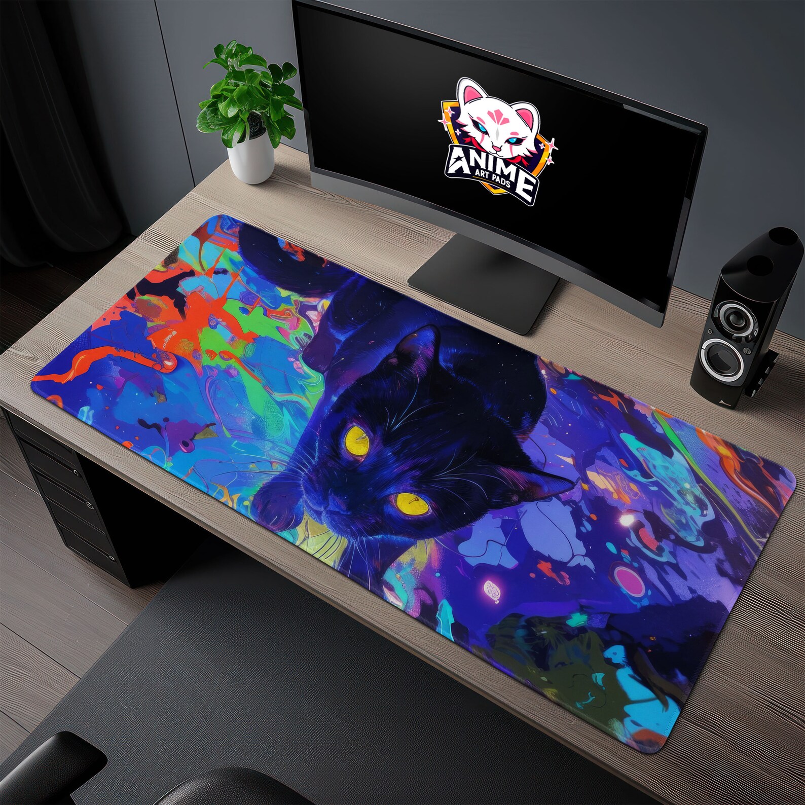 Psychedelic Black Cat Desk Mat, Colorful Artistic Expression, Perfect ...