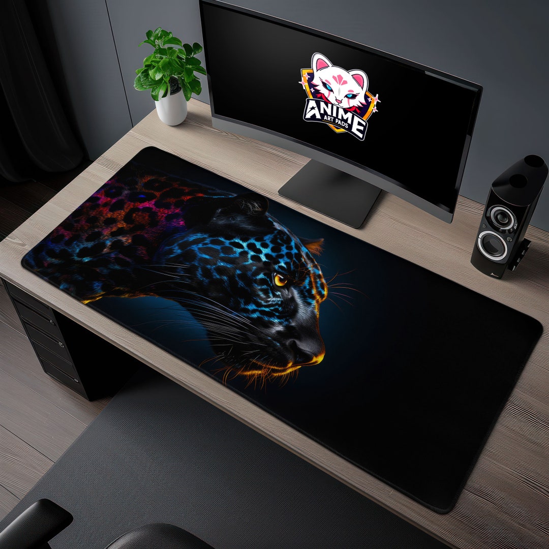 Vivid Predator Electric Blue Panther Desk Mat for Wildlife Enthusiasts ...