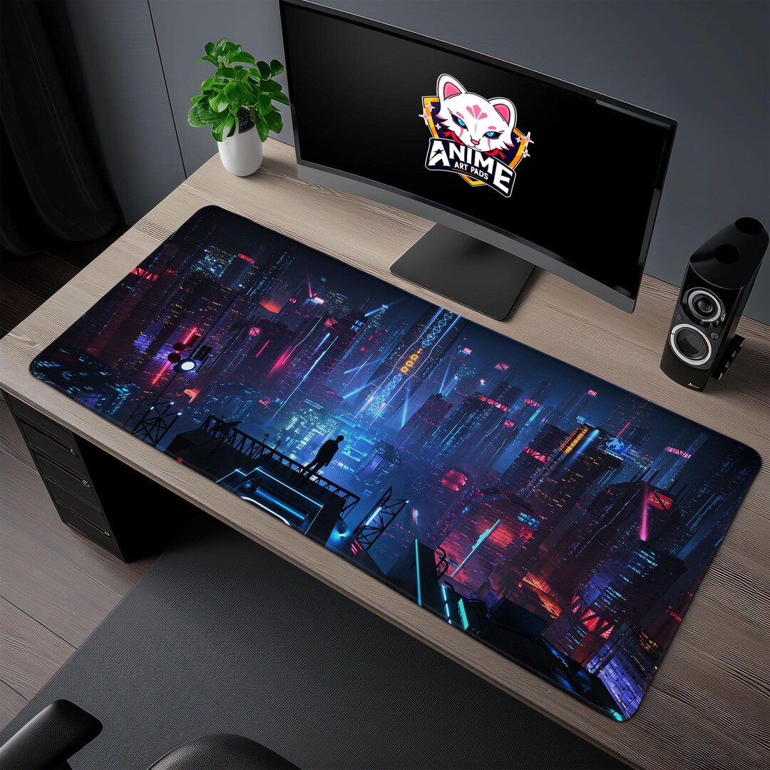 Cyberpunk Cityscape Desk Mat Futuristic Neon Gaming Mouse Pad With ...