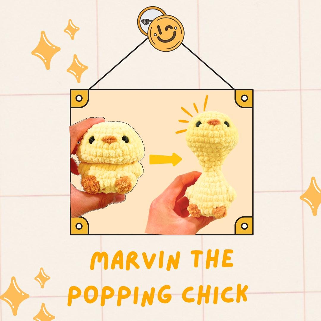 Marvin the Popping Chick Crochet Handmade Plush Duck Bird Pop Small Toy ...