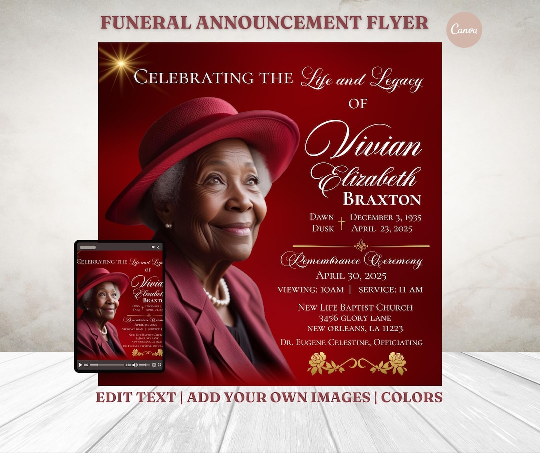 Funeral Death Announcement Flyer Obituary Service Program Info ...