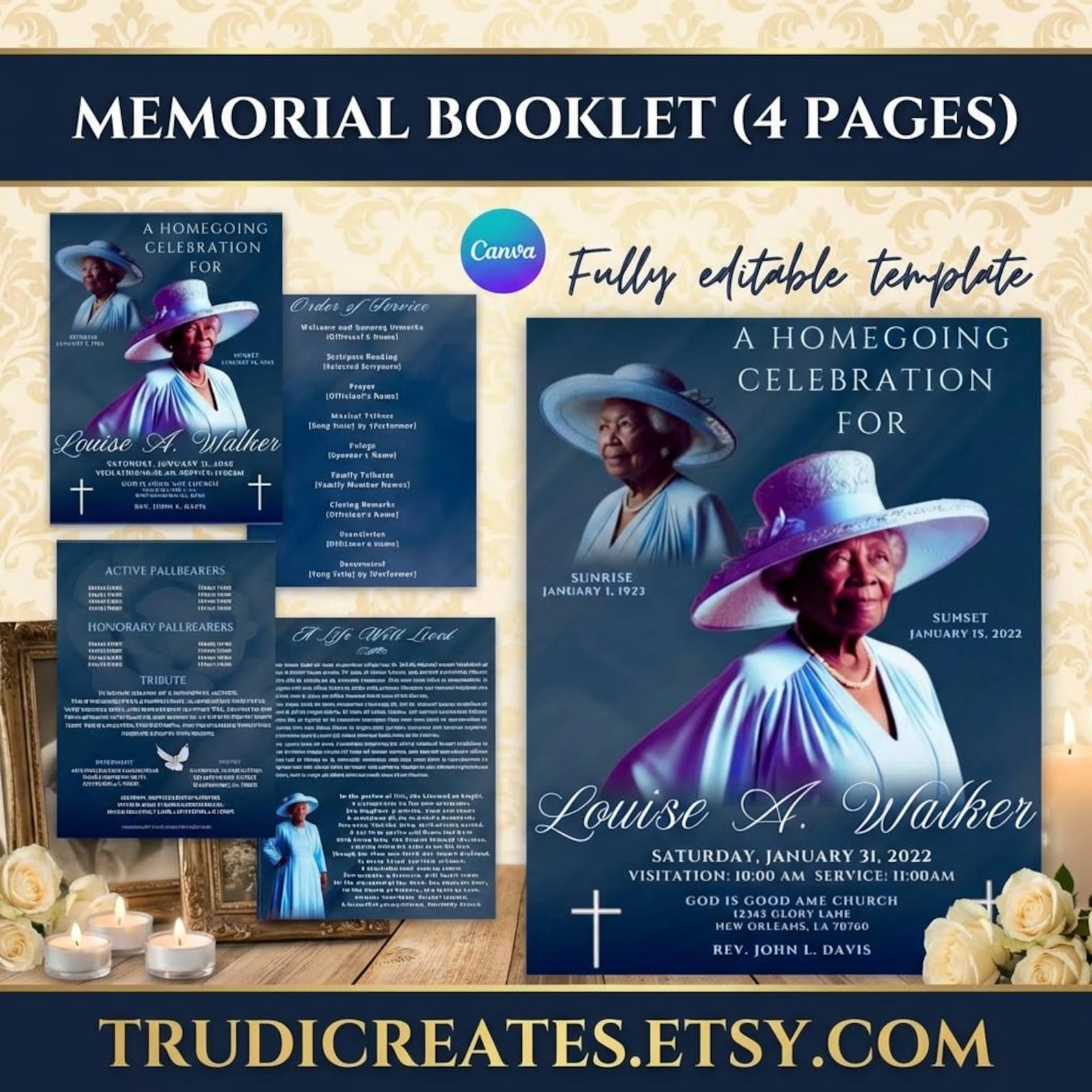 Blue Memorial Booklet Template 4 Page | Funeral Program Homegoing ...