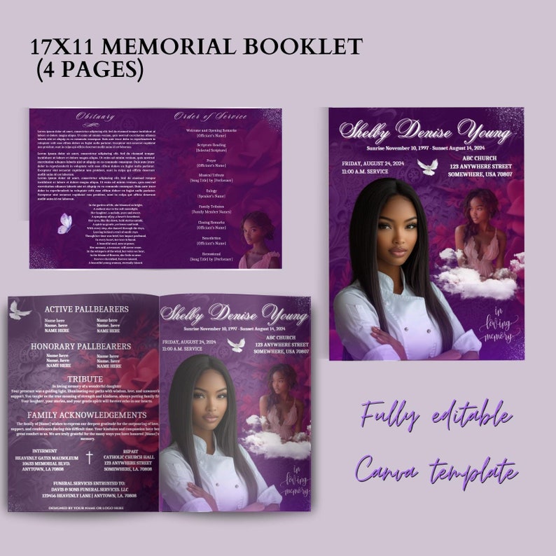 11x17 Memorial Funeral Program Template | Purple | 4 Page | Keepsake ...