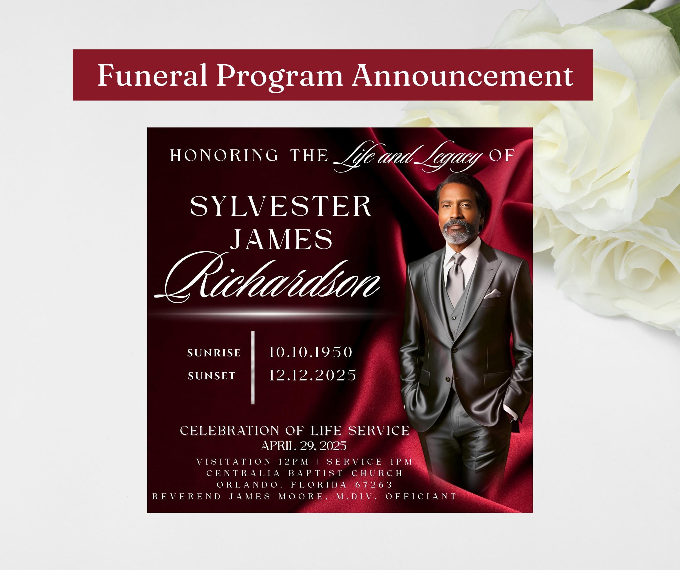Editable Funeral Program Announcement Canva Template Elegant Red ...