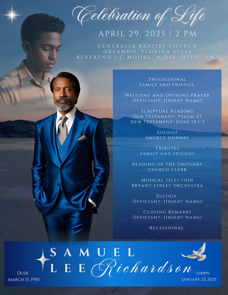 8.5x11 Blue Celebration of Life Funeral Program, RIP Announcement Flyer ...