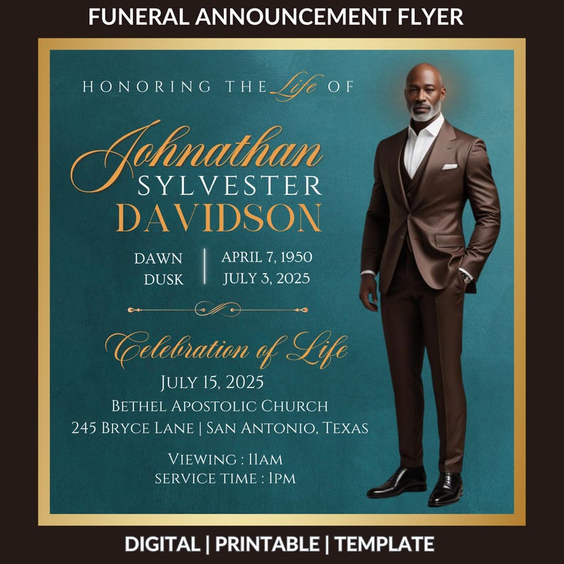 Black Man Funeral Announcement Flyer Funeral Service Notice, Memorial ...