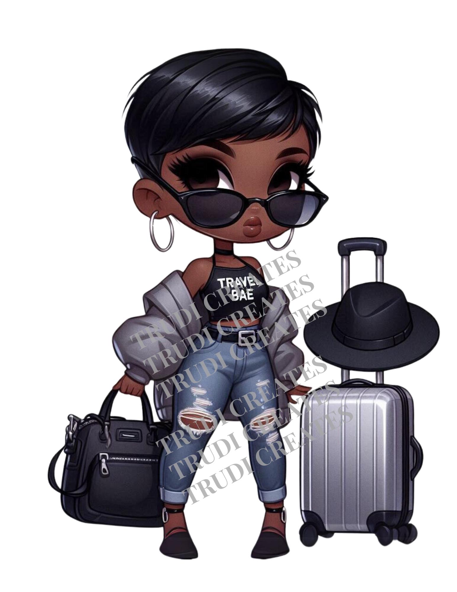 Travel Bae Clip Art Bundle, Black Woman Clip Art, Stickers, Chibi Girl ...