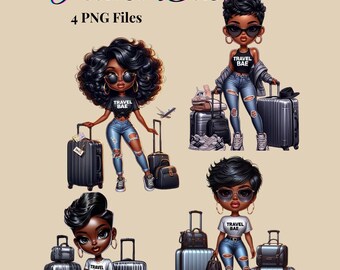 Travel Bae Clip Art Bundle, Black Woman Clip Art, Stickers, Chibi Girl ...