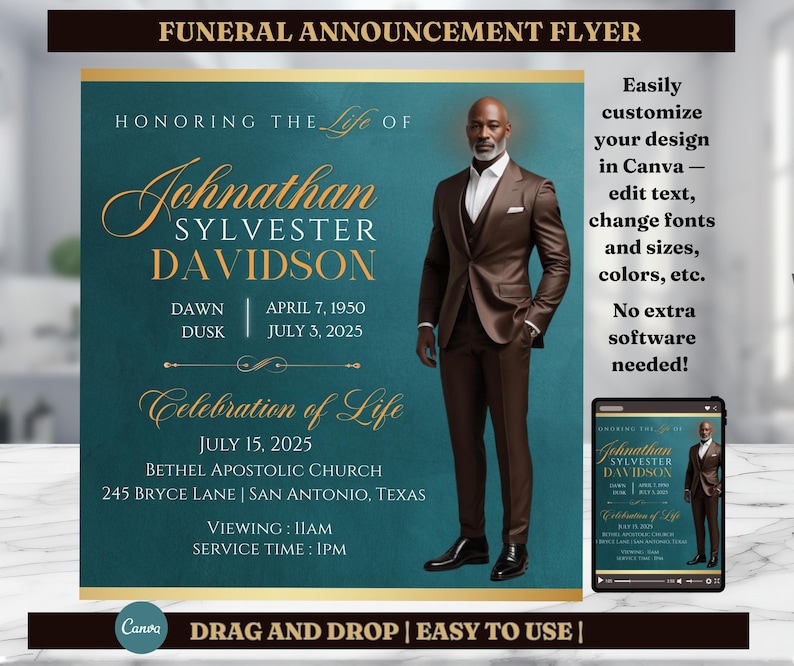 Black Man Funeral Announcement Flyer Funeral Service Notice, Memorial ...