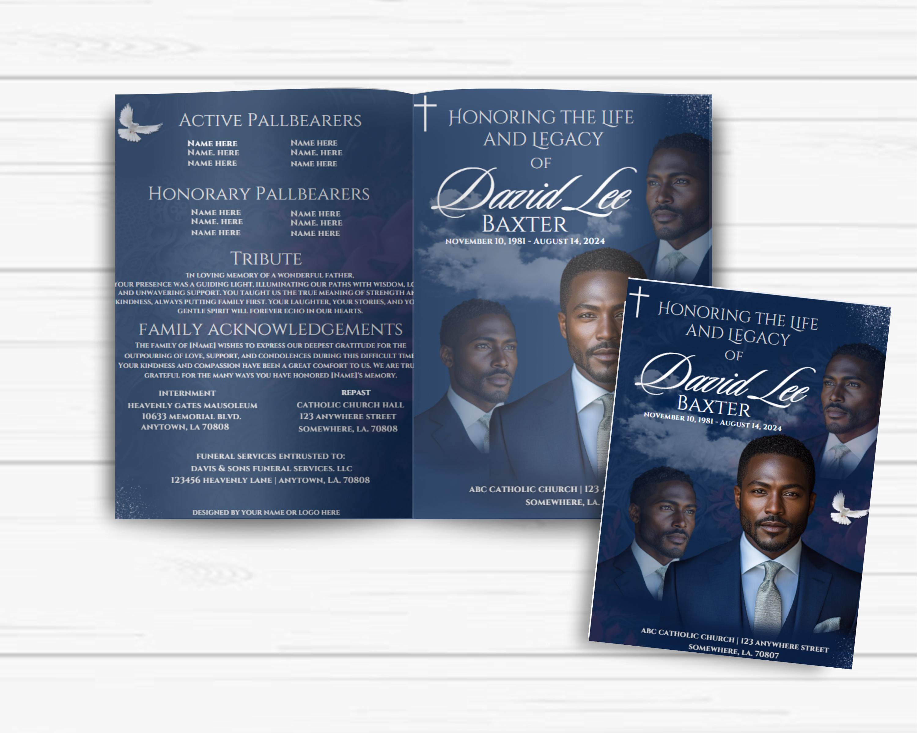 11x17 Memorial Funeral Booklet Program Template |navy Suit| 8 Page ...