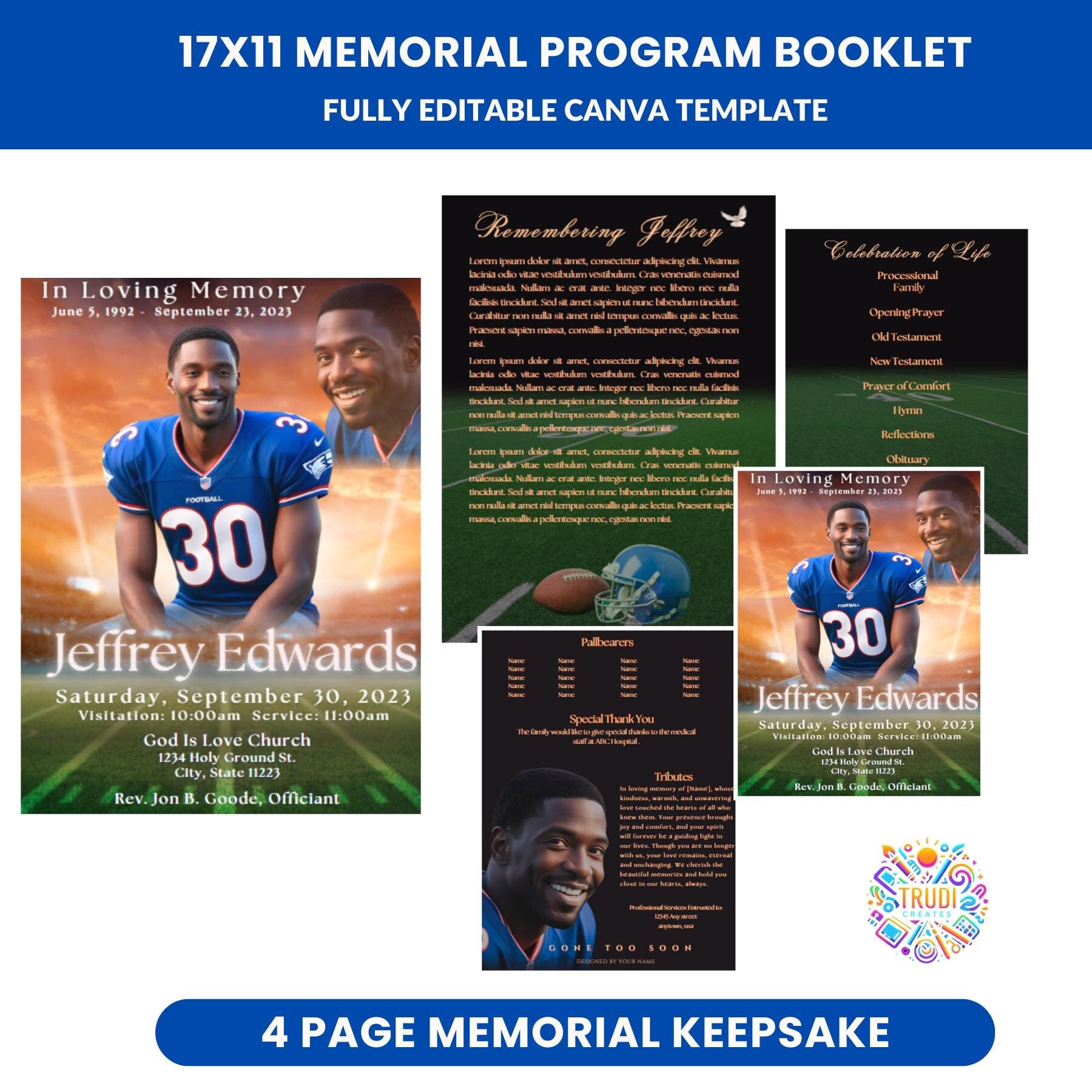 11x17 Memorial Funeral Booklet Program Template | Male | 4 Page | Photo ...