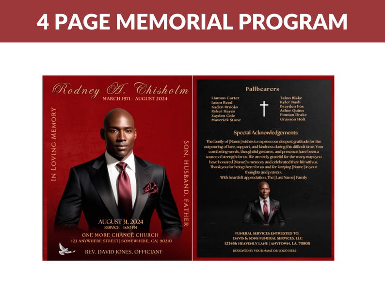 Editable Male Memorial Program Booklet Canva Template 17x11 4 Page ...