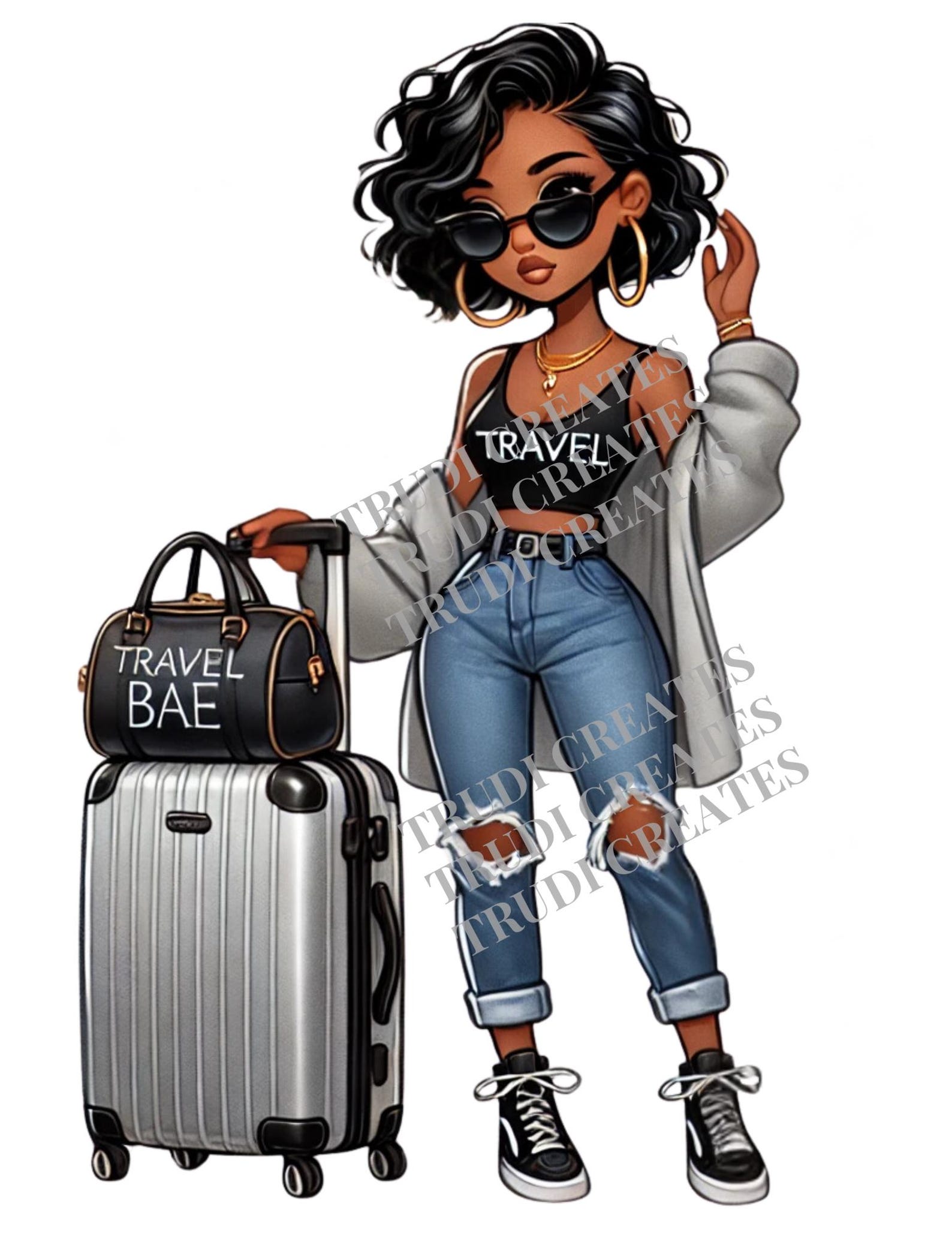 Travel Bae Clip Art Bundle, Black Woman Clip Art, Stickers, Chibi Girl ...