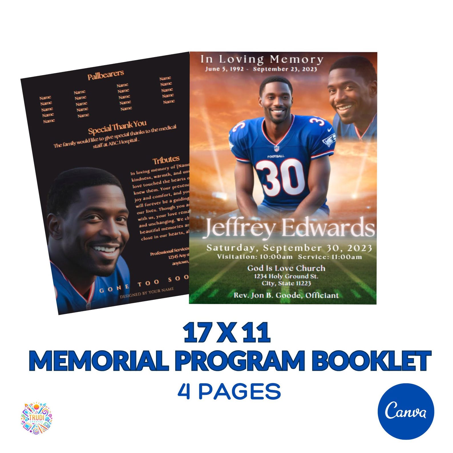 11x17 Memorial Funeral Booklet Program Template | Male | 4 Page | Photo ...