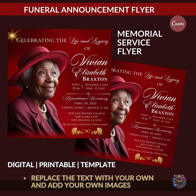 Funeral Death Announcement Flyer Obituary Service Program Info ...