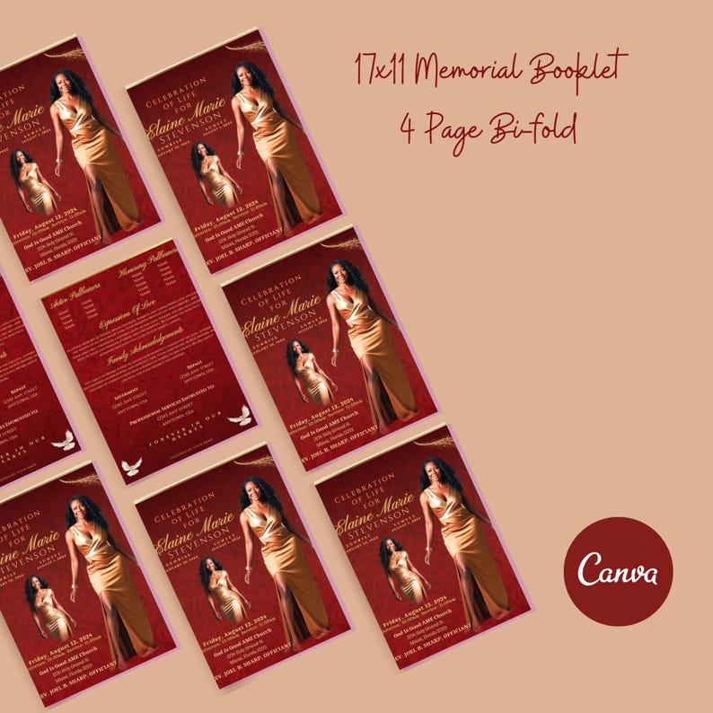 11x17 Memorial Funeral Booklet Program Template | Gold | 4 Page | Photo ...