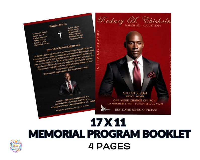 Editable Male Memorial Program Booklet Canva Template 17x11 4 Page ...