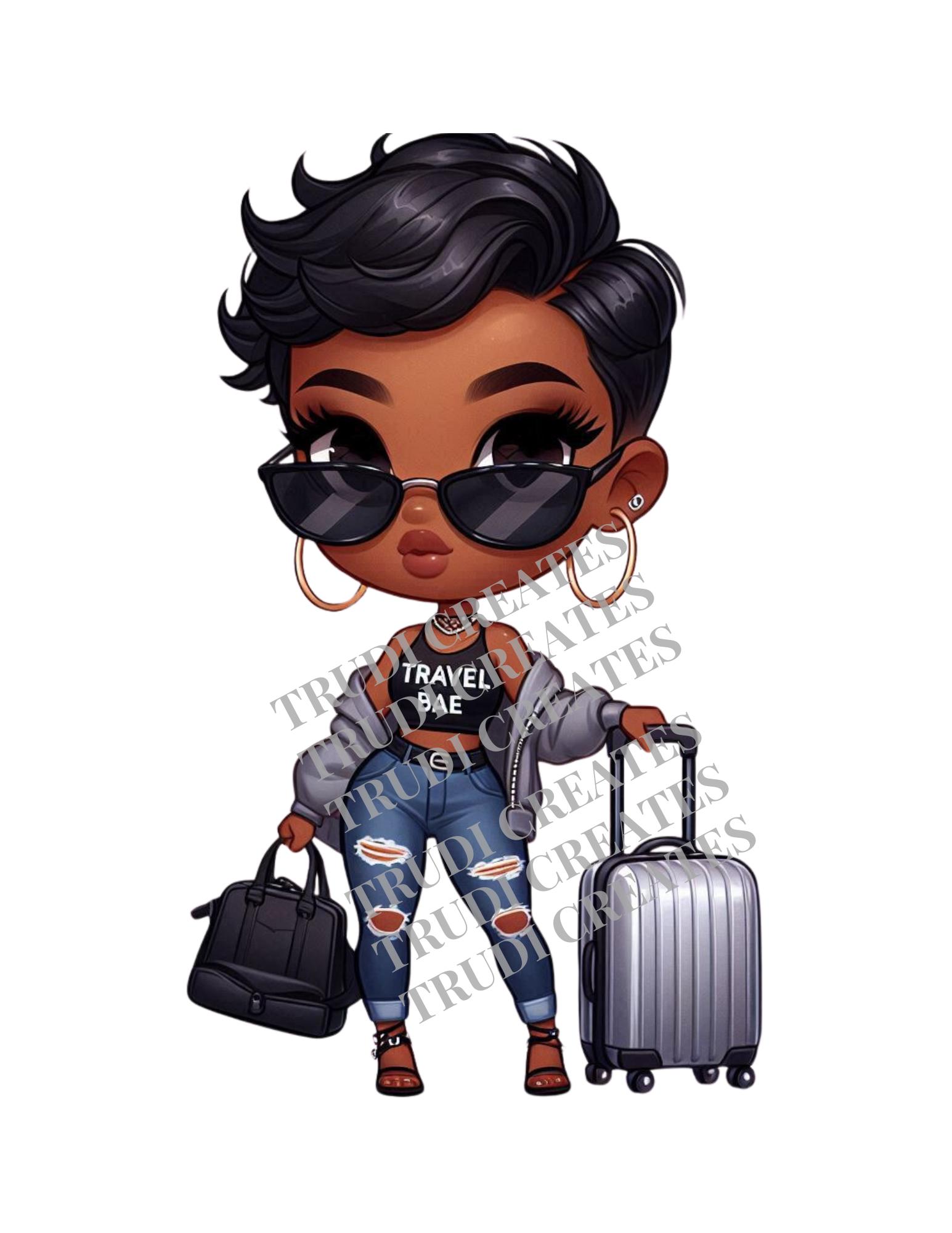 Travel Bae Clip Art Bundle, Black Woman Clip Art, Stickers, Chibi Girl ...