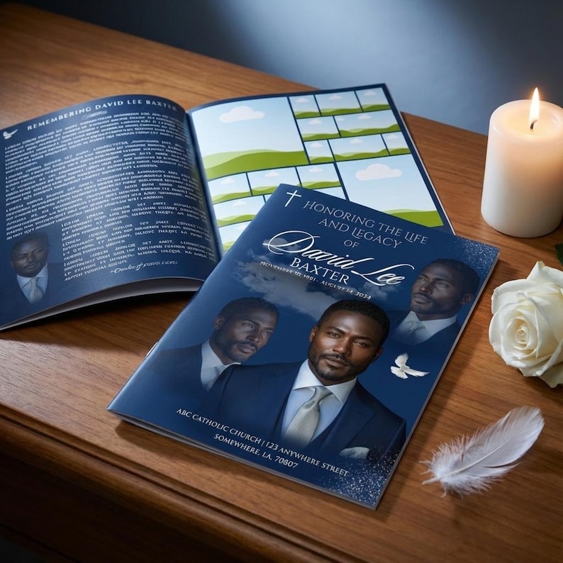 Editable Navy-blue Memorial Booklet Canva Template 17x11 8-page Funeral ...
