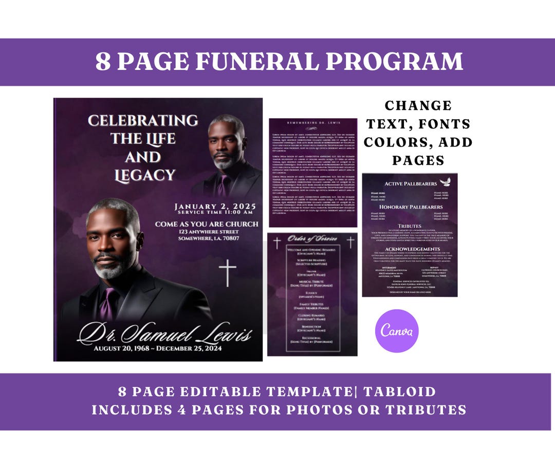 8 Page Memorial Funeral Service Booklet Program Template | Funeral ...