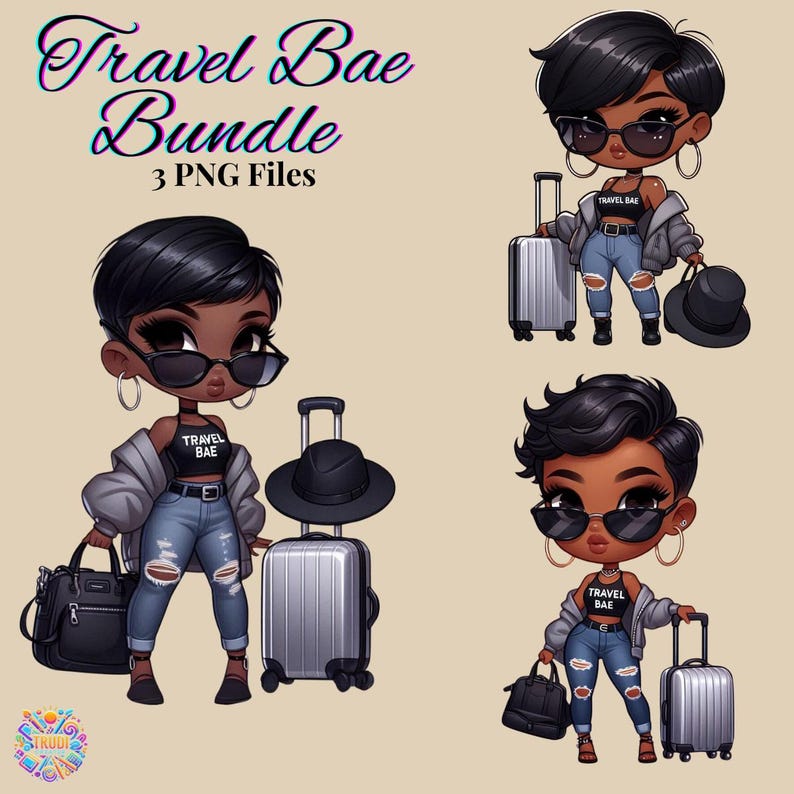 Travel Bae Clip Art Bundle, Black Woman Clip Art, Stickers, Chibi Girl ...