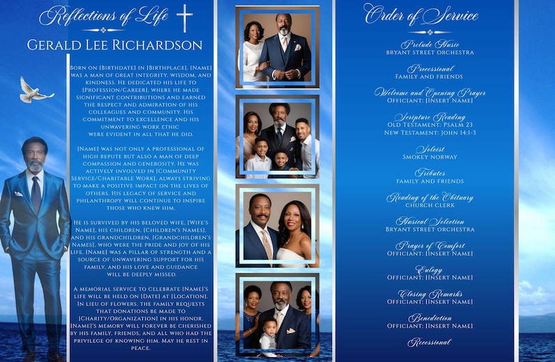 Blue Funeral Program Booklet 4 Page Photo Keepsake Memorial Tribute ...