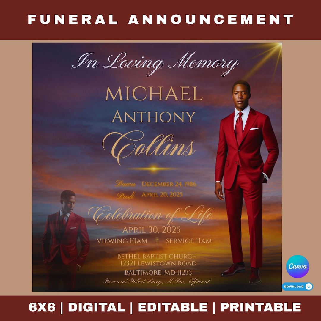 Funeral Announcement Template, Sunset Male Funeral Announcement Flyer ...